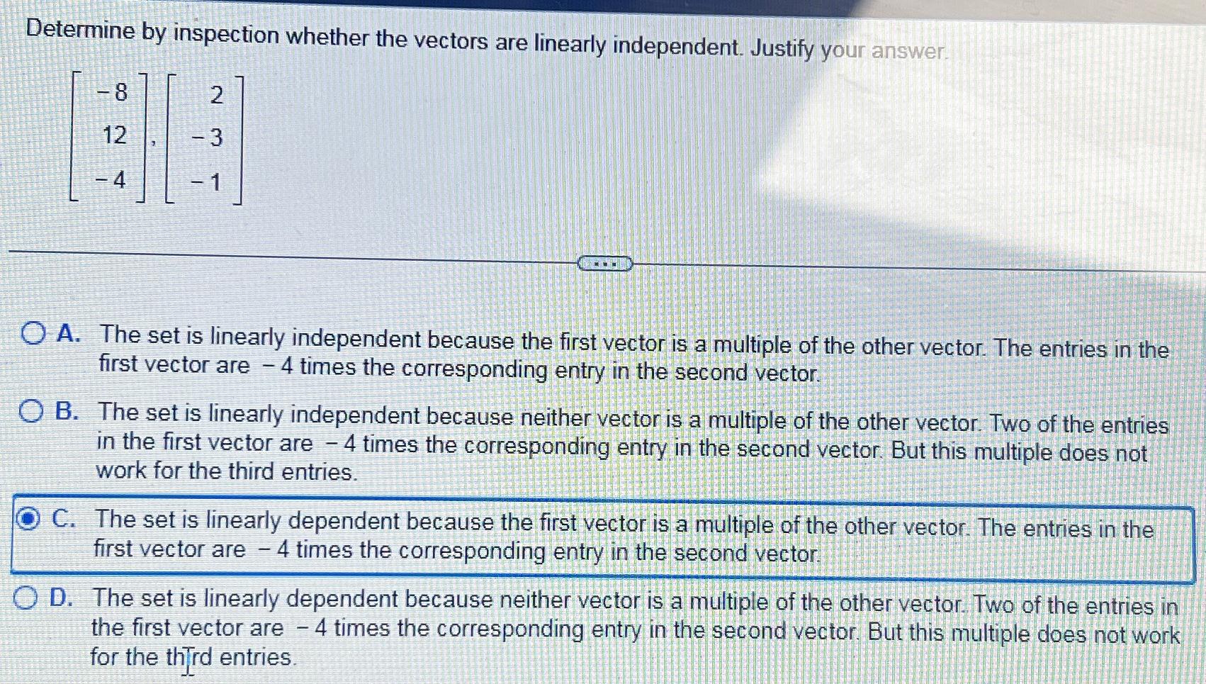 Solved Determine by inspection whether the vectors are | Chegg.com