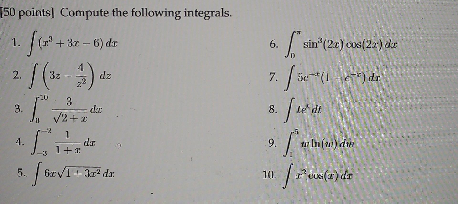 Solved [50 points] Compute the following integrals. 1. | Chegg.com