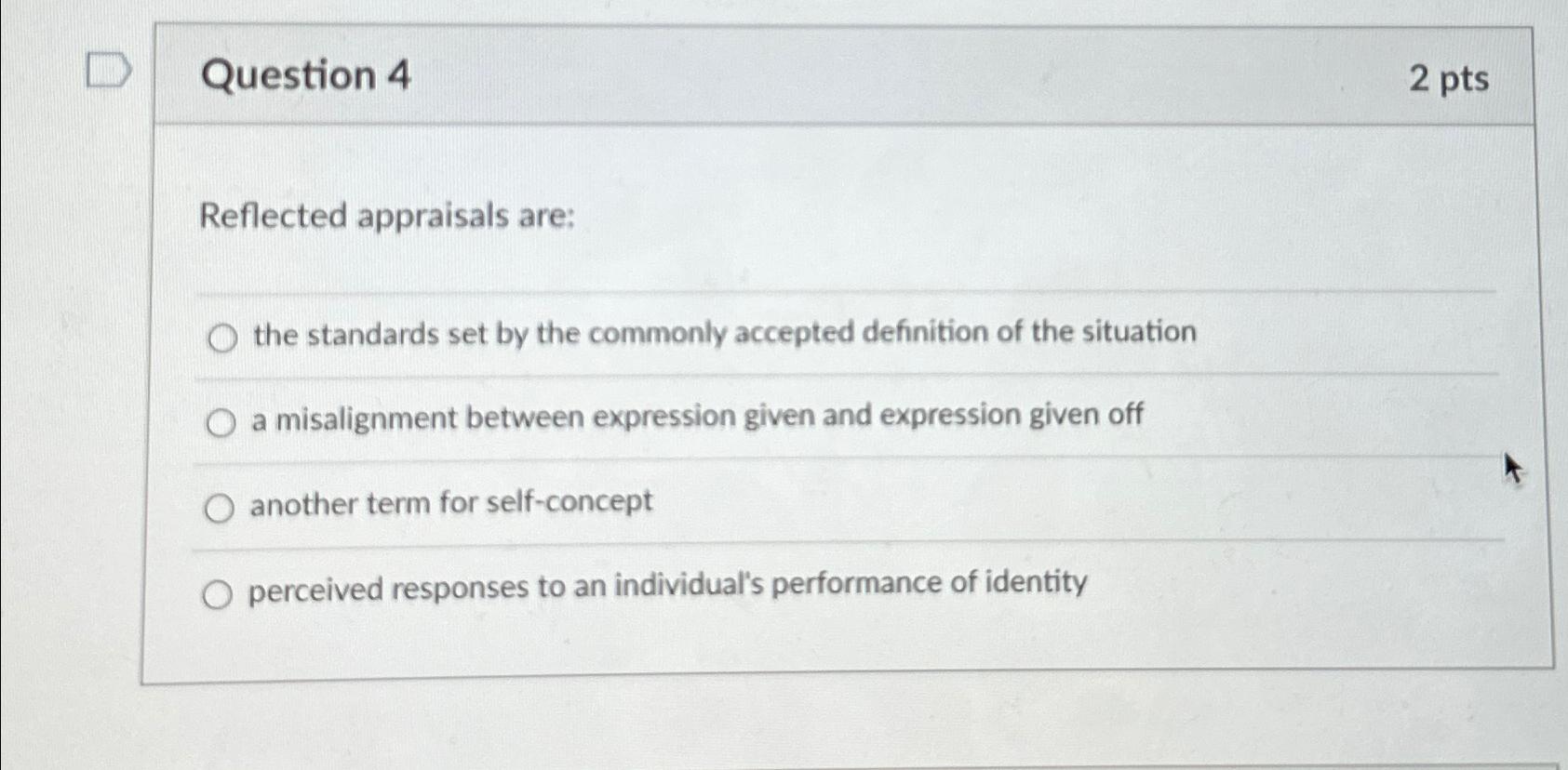 Solved Question 42ptsReflected appraisals are:the standards | Chegg.com