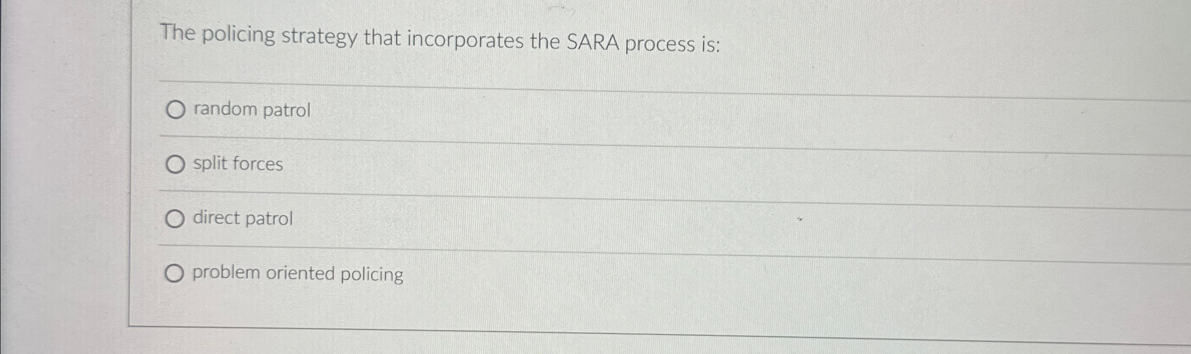 Solved The policing strategy that incorporates the SARA | Chegg.com