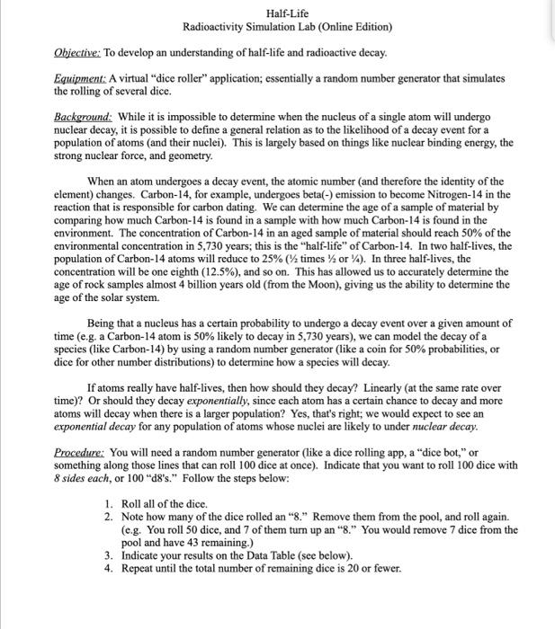 Half-Life Radioactivity Simulation Lab (Online | Chegg.com