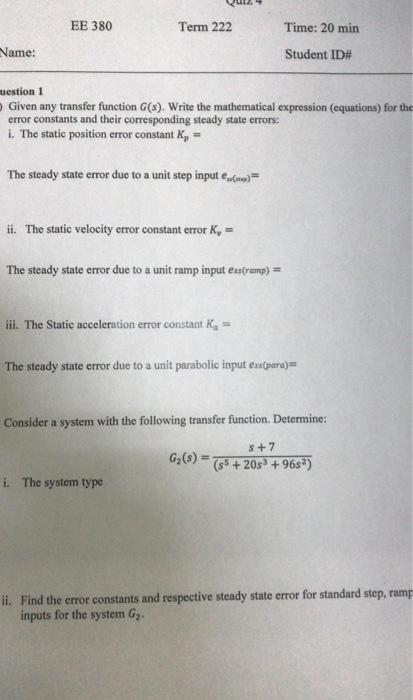 Solved Given any transfer function G(s). Write the | Chegg.com