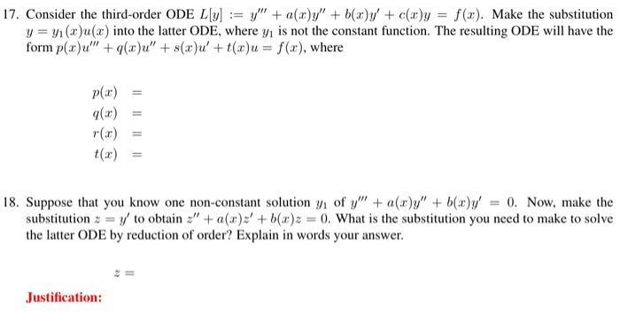 Solved 17. Consider the third-order ODE L[y] V" + a(x)}" + | Chegg.com