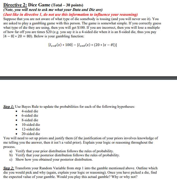 Solved Directive 2: Dice Game (Total - 30 ﻿points)(Note, | Chegg.com