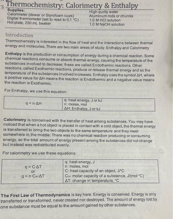 :3 Thermochemistry: Calorimetry & Enthalpy | Chegg.com