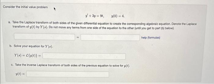 Solved Consider the initial value problem y′+3y=9t,y(0)=4 a. | Chegg.com