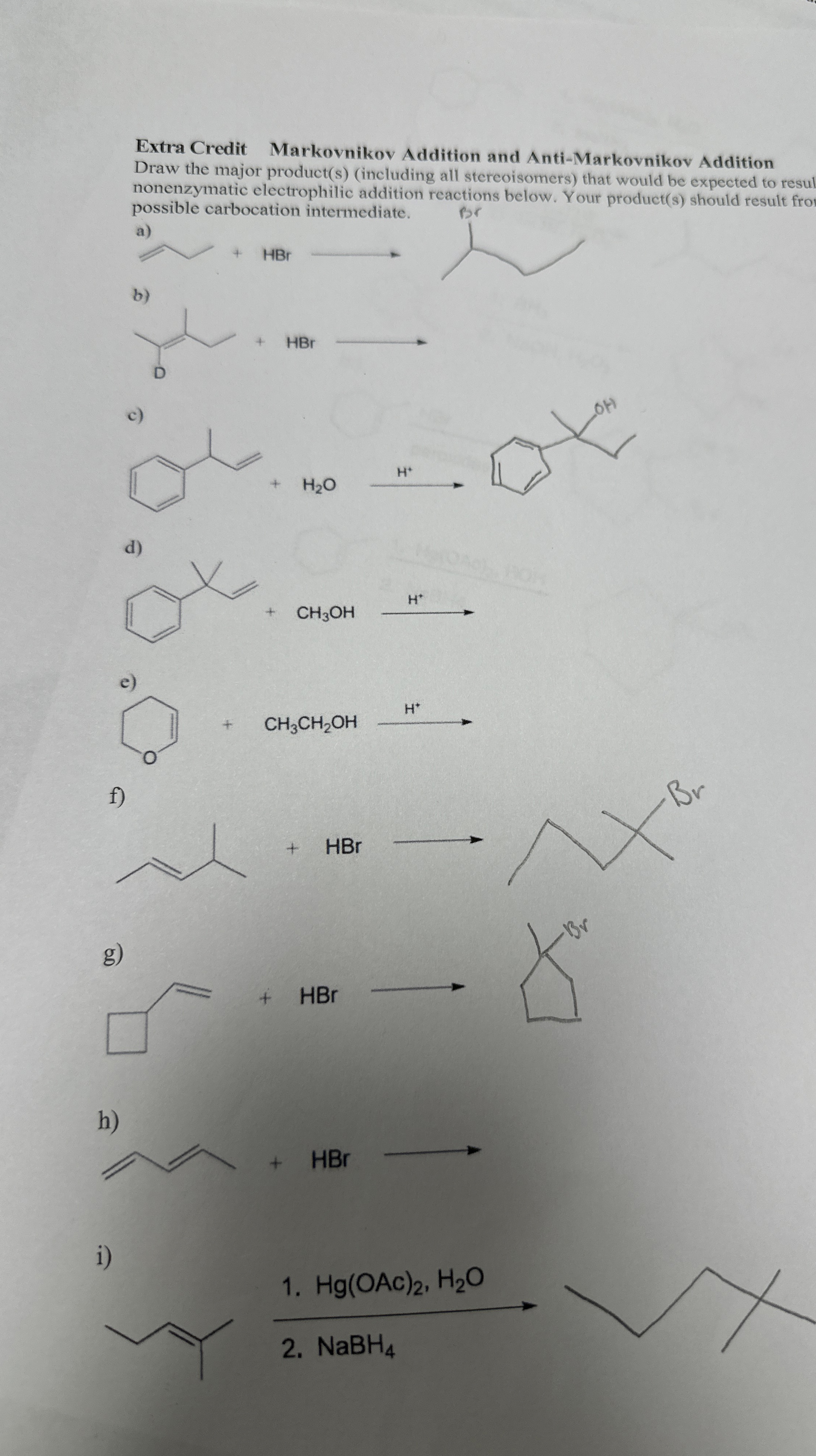 Solved Extra Credit Markovnikov Addition and | Chegg.com