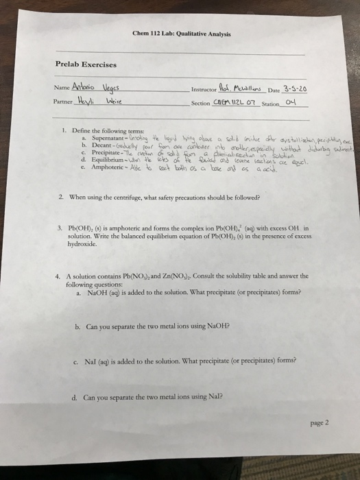 Solved Chem 112 Lab: Qualitative Analysis Prelab Exercises | Chegg.com