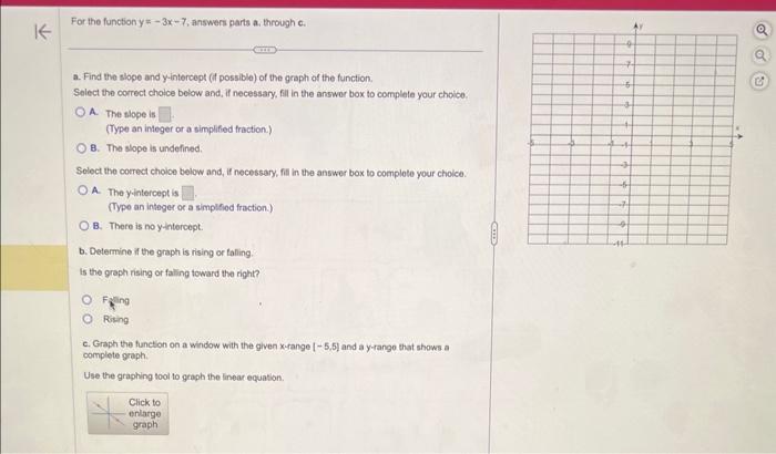 Solved For the function y=−3x−7, answers parts a, through c. | Chegg.com