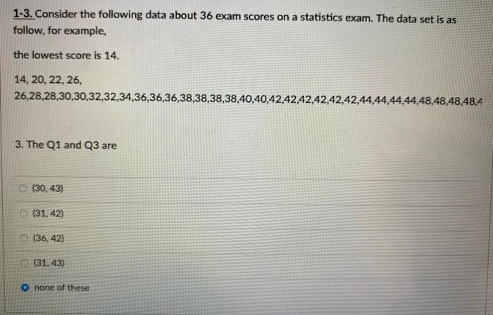 Solved 1-3. Consider the following data about 36 exam scores | Chegg.com