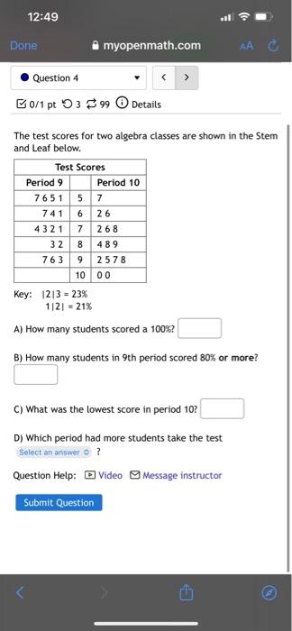 The test scores for two algebra classes are shown in | Chegg.com