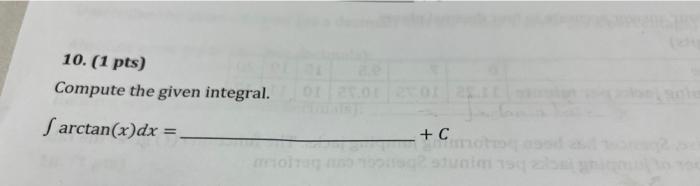 Solved 10. (1 pts) Compute the given integral. ∫arctan(x)dx= | Chegg.com