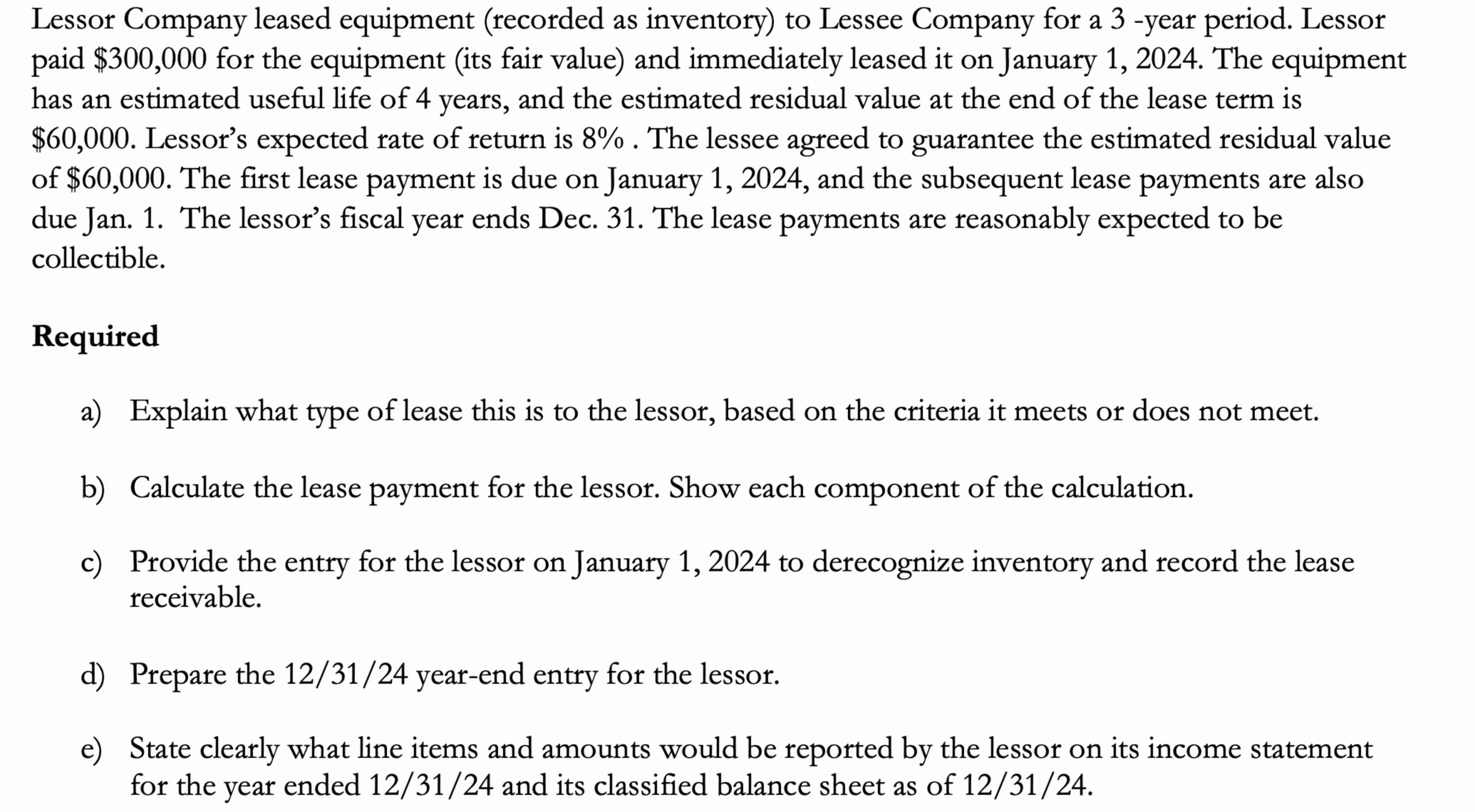 Solved Lessor Company leased equipment (recorded as | Chegg.com