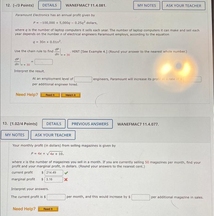 Solved 12. [-/3 Points) DETAILS WANEFMAC7 11.4.081. MY NOTES | Chegg.com