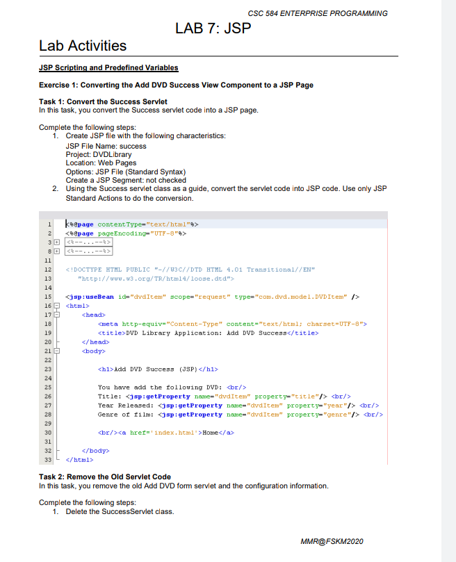CSC 584 ENTERPRISE PROGRAMMING LAB 7: JSP Lab | Chegg.com