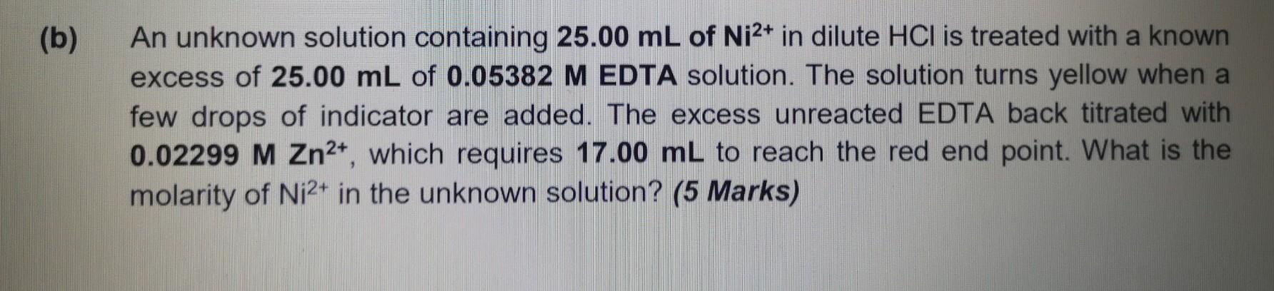 Solved (b) An unknown solution containing 25.00 mL of Ni2+ | Chegg.com