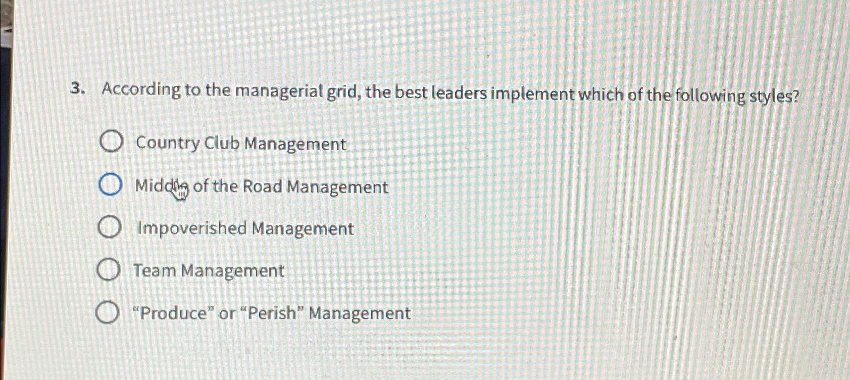 Solved According to the managerial grid, the best leaders | Chegg.com