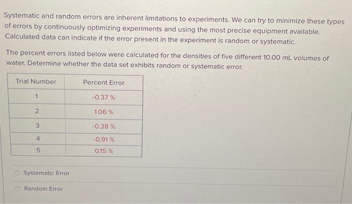 Solved Systematic and random errors are inherent limitations | Chegg.com