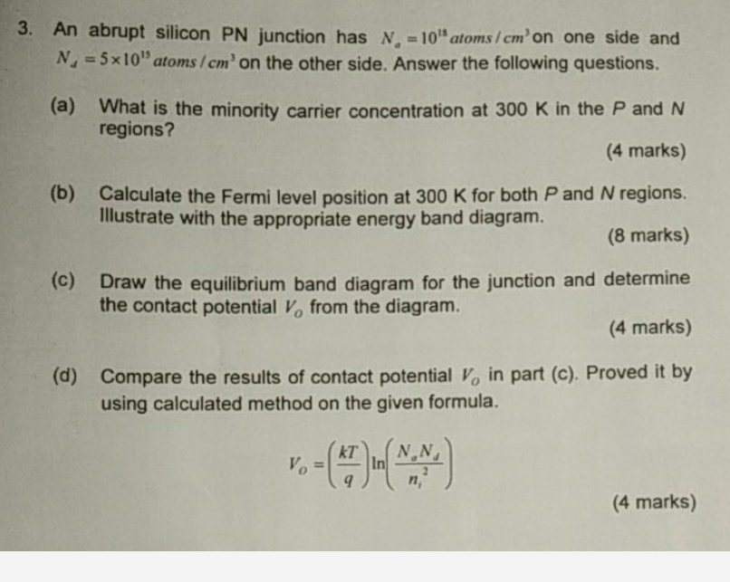 Solved An abrupt silicon PN junction has Na=1018 ﻿atoms ?cm3 | Chegg.com