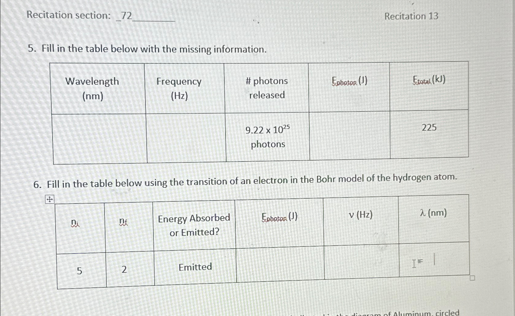 Solved Recitation section: 72 q,Recitation 135. ﻿Fill in the | Chegg.com