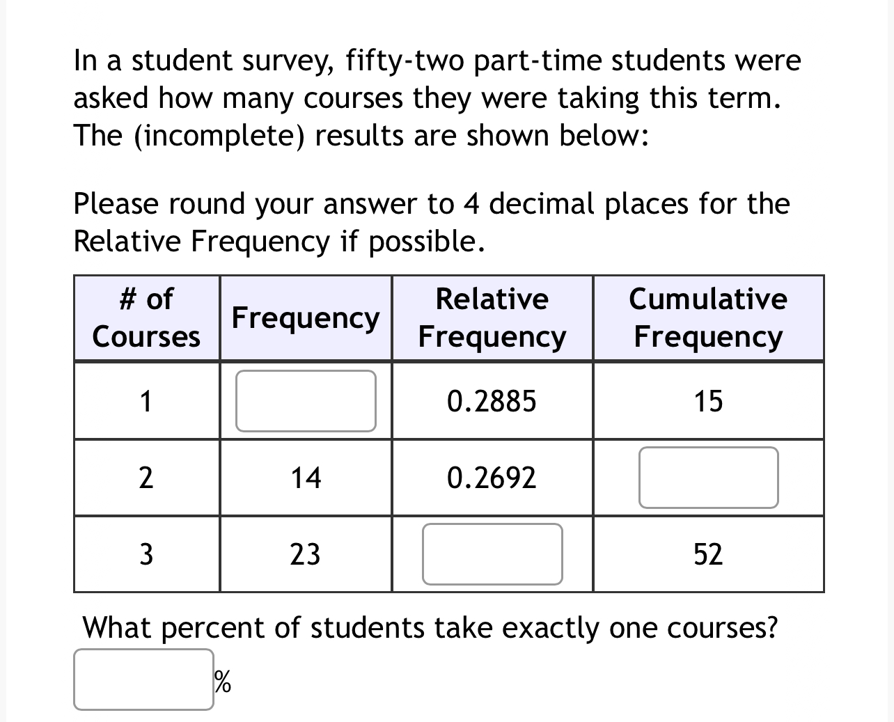 Solved In a student survey, fifty-two part-time students | Chegg.com