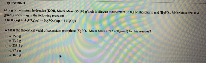 Solved QUESTIONS 61.8 g of potassium hydroxide (KOH, Molar | Chegg.com