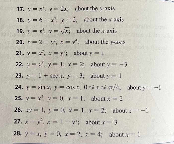 17. y=x2,y=2x; about the y-axis 18. y=6−x2,y=2; about | Chegg.com