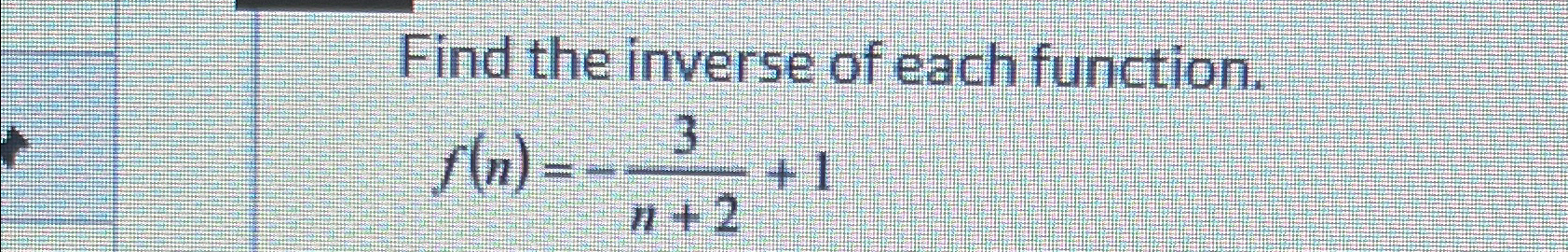 Solved Find the inverse of each function.f(n)=-3n+2+1 | Chegg.com