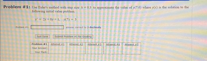 Solved 'roblem \#1: Use Euler's method with step size h=0.3 | Chegg.com