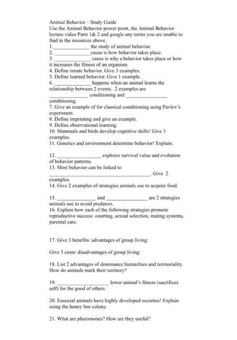 Animal Behavior - Study Guide Use the Animal Behavior | Chegg.com