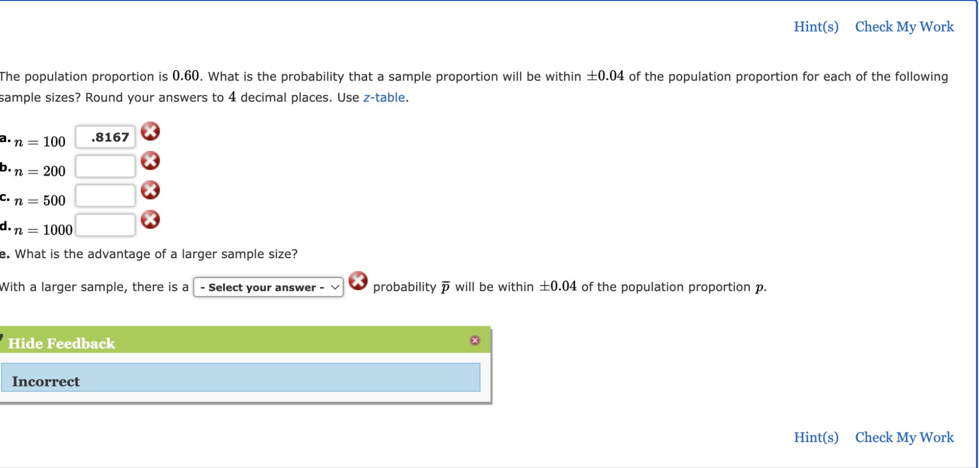 Solved Hint(s) ﻿Check My Worksample sizes? Round your | Chegg.com
