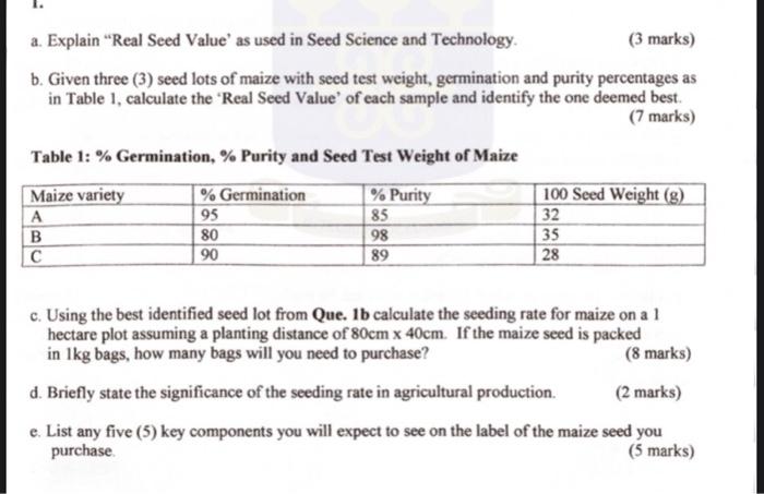 Solved a. Explain “Real Seed Value' as used in Seed Science | Chegg.com
