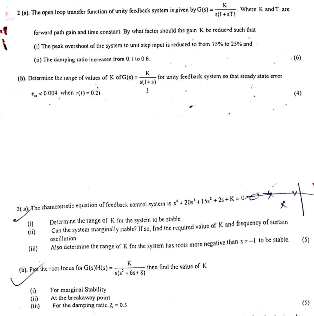Solved 2 (a). The open loop transfer function of unity | Chegg.com