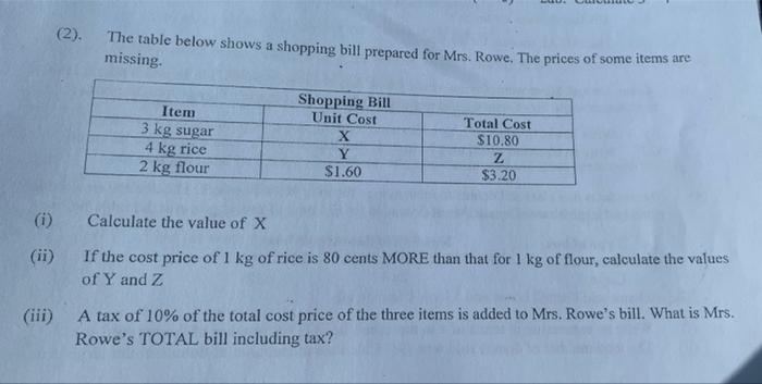 Solved (2), The table below shows a shopping bill prepared | Chegg.com