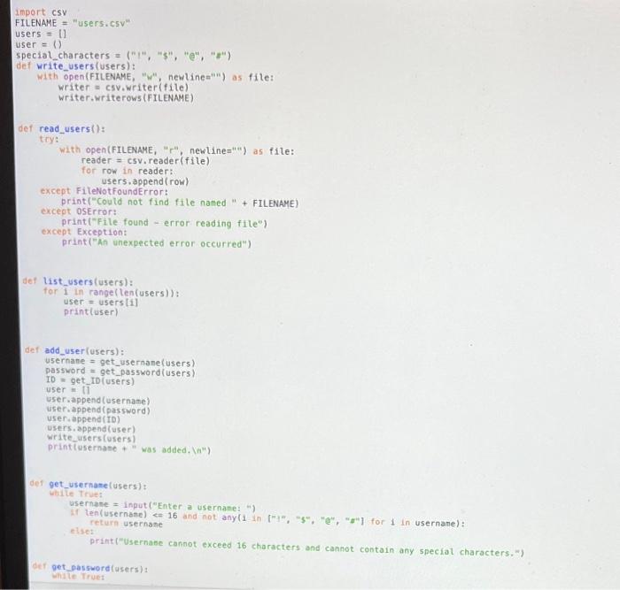 Solved when I attempt to add a user and write it to a CSV | Chegg.com