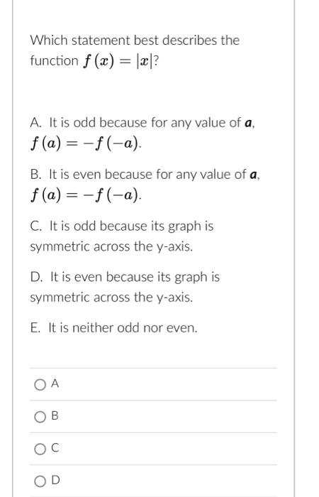 Solved Which statement best describes the function f(x) = | Chegg.com