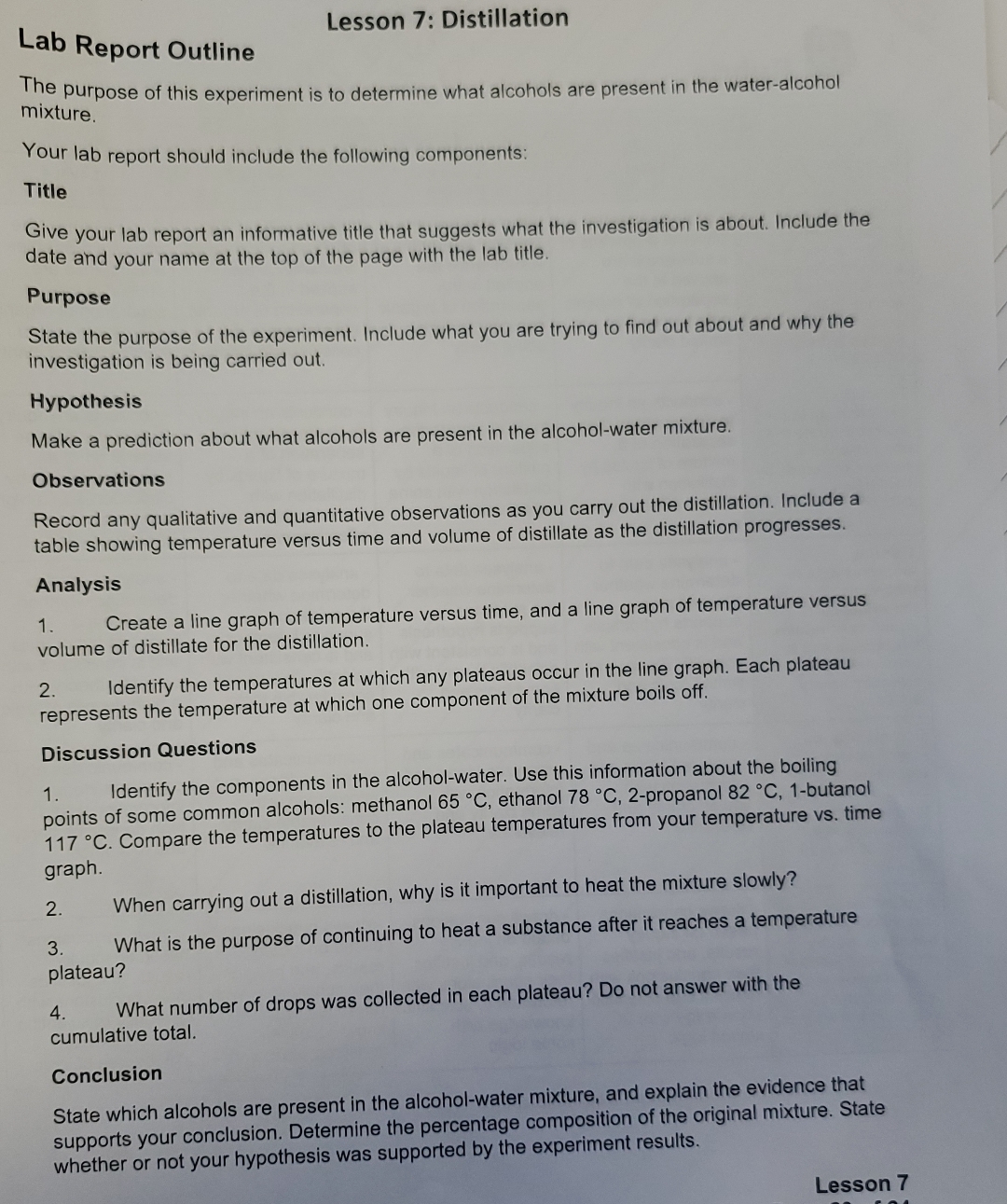 Solved Lab Report OutlineLesson 7: DistillationThe purpose | Chegg.com