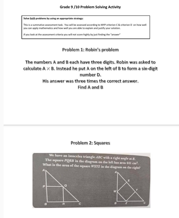 Solved Grade 9/10 Problem Solving Activity Solve both | Chegg.com