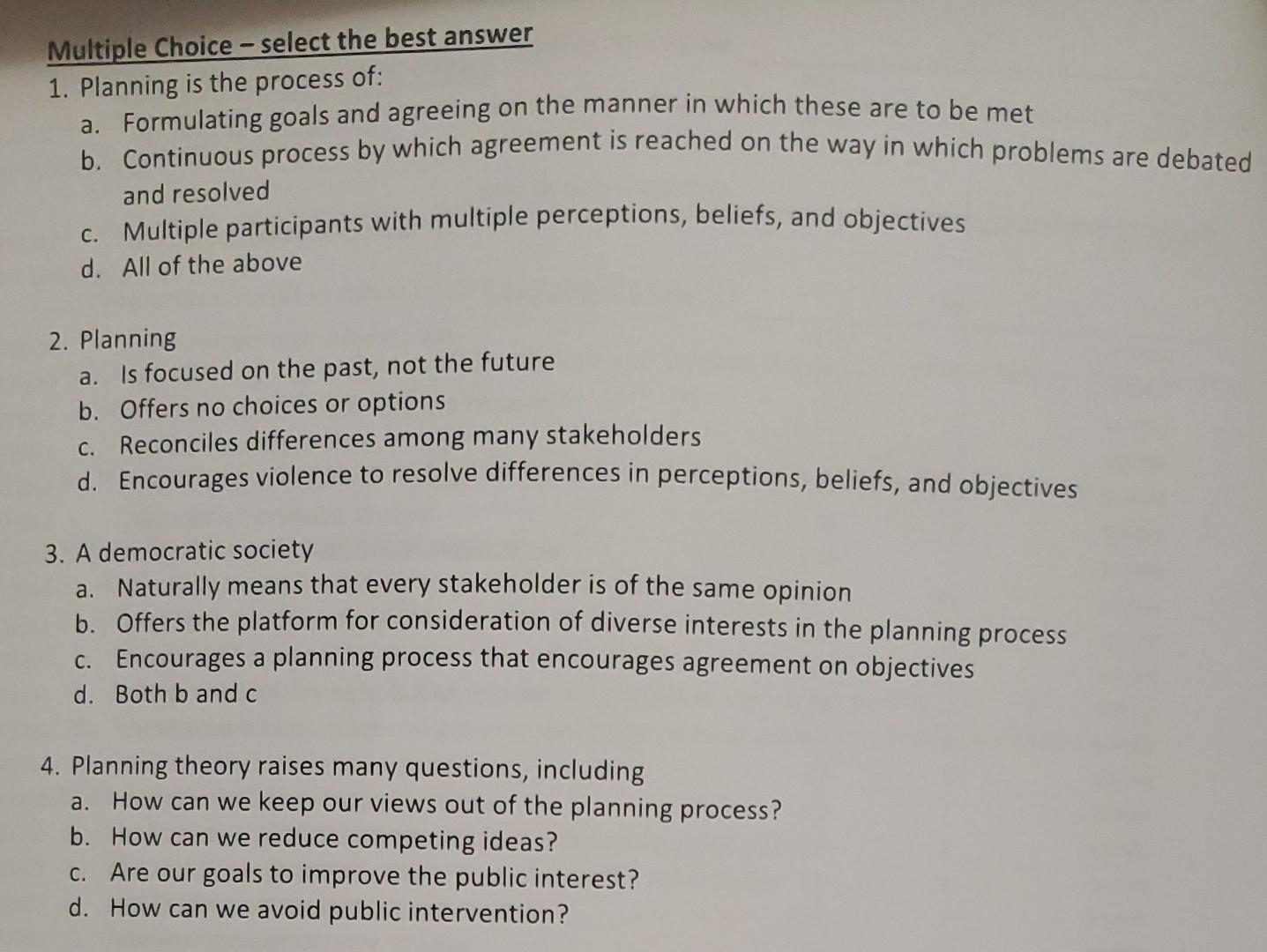 Solved Multiple Choice - select the best answer 1. Planning | Chegg.com