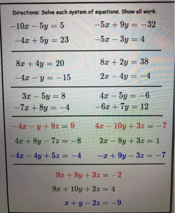 Solved Directions: Solve each system of equations. Show all | Chegg.com
