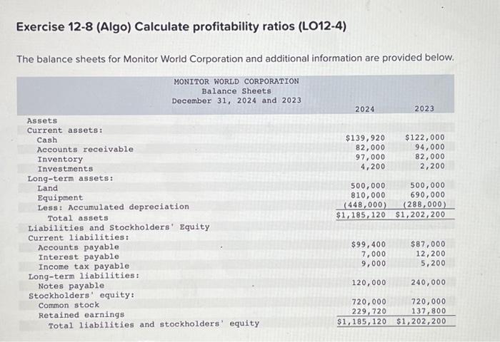 Solved Exercise 12-8 (Algo) Calculate profitability ratios | Chegg.com
