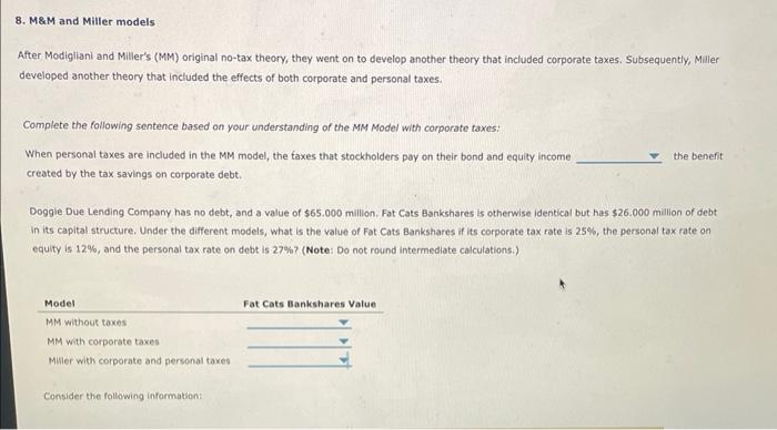 8. M\&M and Miller models After Modigliani and | Chegg.com