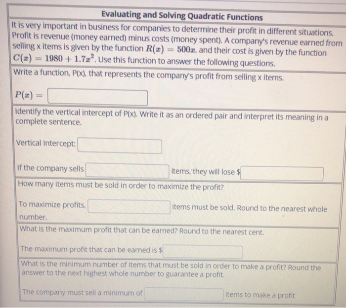 Solved Evaluating and Solving Quadratic Functions It is very | Chegg.com
