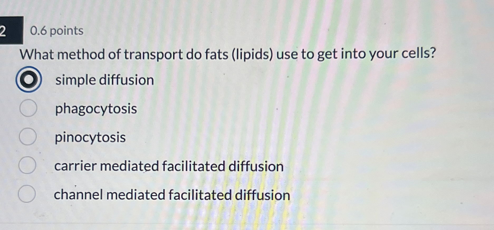 Solved 20.6 ﻿pointsWhat method of transport do fats (lipids) | Chegg.com