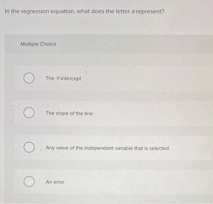 Solved In the regression equation, what does the letter a | Chegg.com