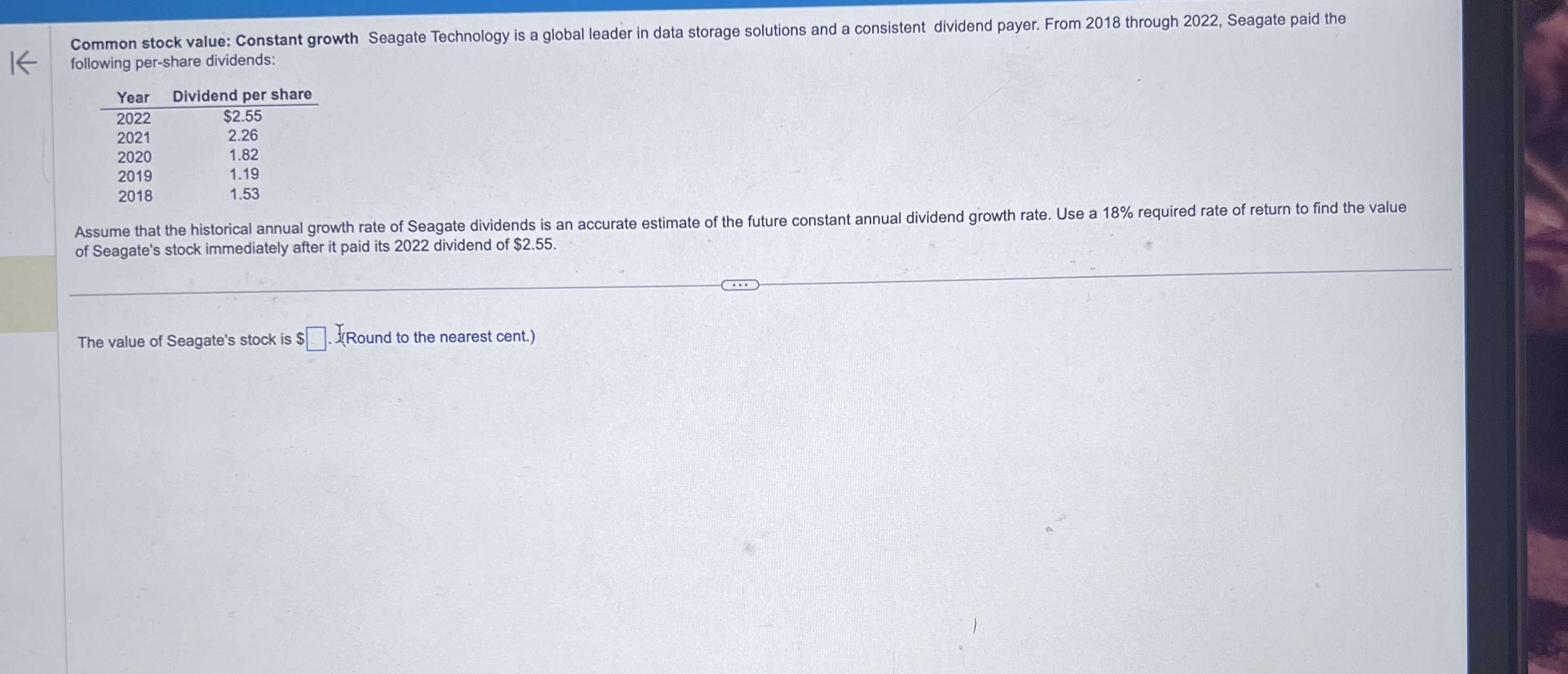 Solved Common stock value: Constant growth Seagate | Chegg.com