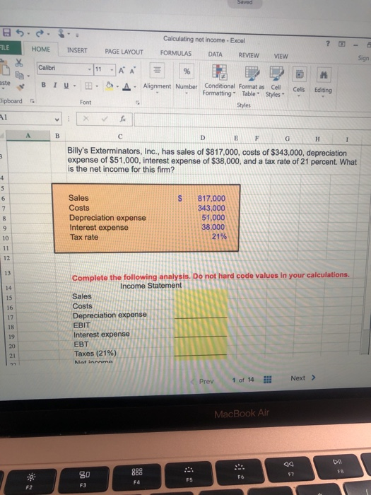 Solved Saved 5 Ile Calculating Net Income Excel Formulas