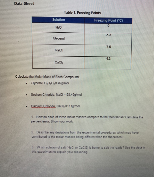 Solved Data Sheet Table 1: Freezing Points Solution Freezing | Chegg.com