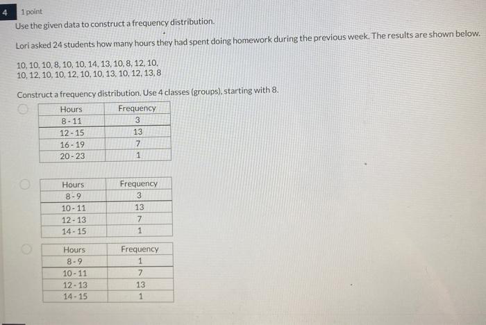 Solved 1 point Use the given data to construct a frequency | Chegg.com