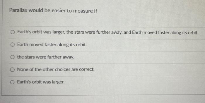 Solved Parallax would be easier to measure if Earth's orbit | Chegg.com